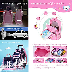 3Pcs Rolling Backpack for Girls Cute Bowknot Students Bookbags Primary Schoolbag Trolley Bags Wheeled Backpack Kids Carry-On Luggage with Lunch Bag&Pencil Case