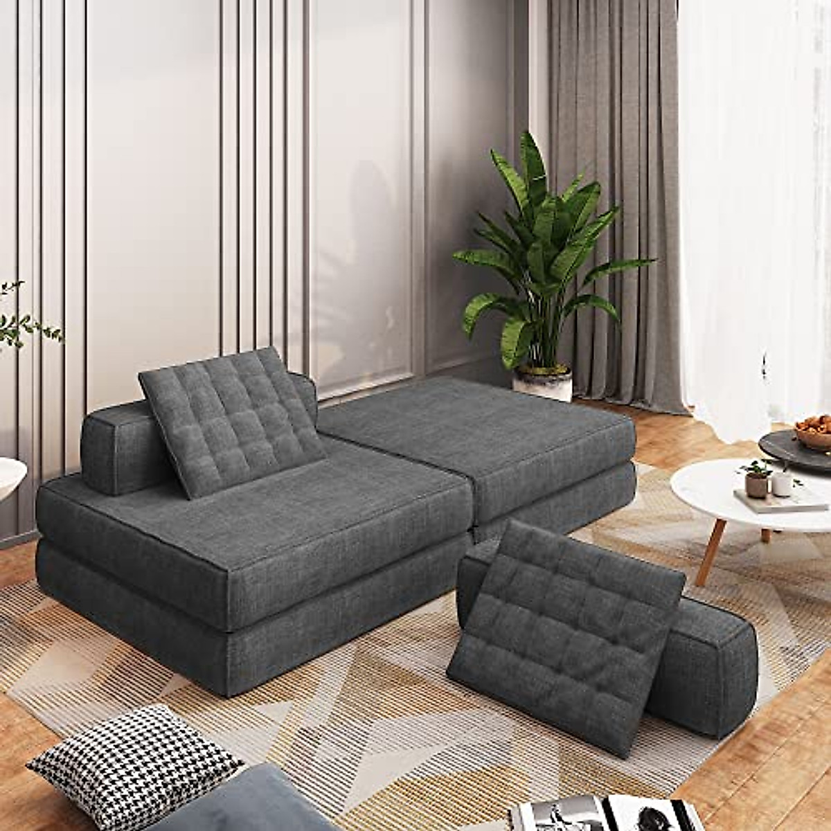ORRD Modular Fold Sofa Bed, Modern Linen Convertible Sleeper 2 Seater Sectional Couch Tufted Sofa Floor Couch Padded Cushion for Living Room, Bedroom (Grey)