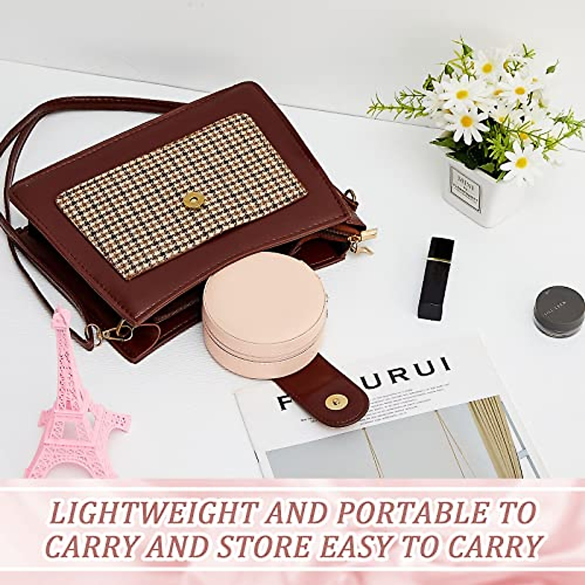 6 Pcs Travel Jewelry Case Bridesmaid Gift Boxes Jewelry Travel Organizer Small Round Jewelry Box Mini Storage PU Leather (Pink)