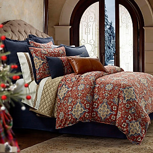 HiEnd Accents Washed Linen Melinda 3 Piece Floral Duvet Cover Set, King Size, Red Navy Blue Medallion Bedding, Classic Western Modern Rustic Lodge Style, Flower Linen Comforter Cover with Pillow Shams