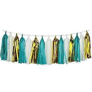 HappyField Teal White Gold Tissue Paper Tassel Garland for Birthday Party, Hen Party, Bridal Shower, Baby Shower, Wedding, Bachelorette, Table Decor Event & Party Decorations, DIY Kits