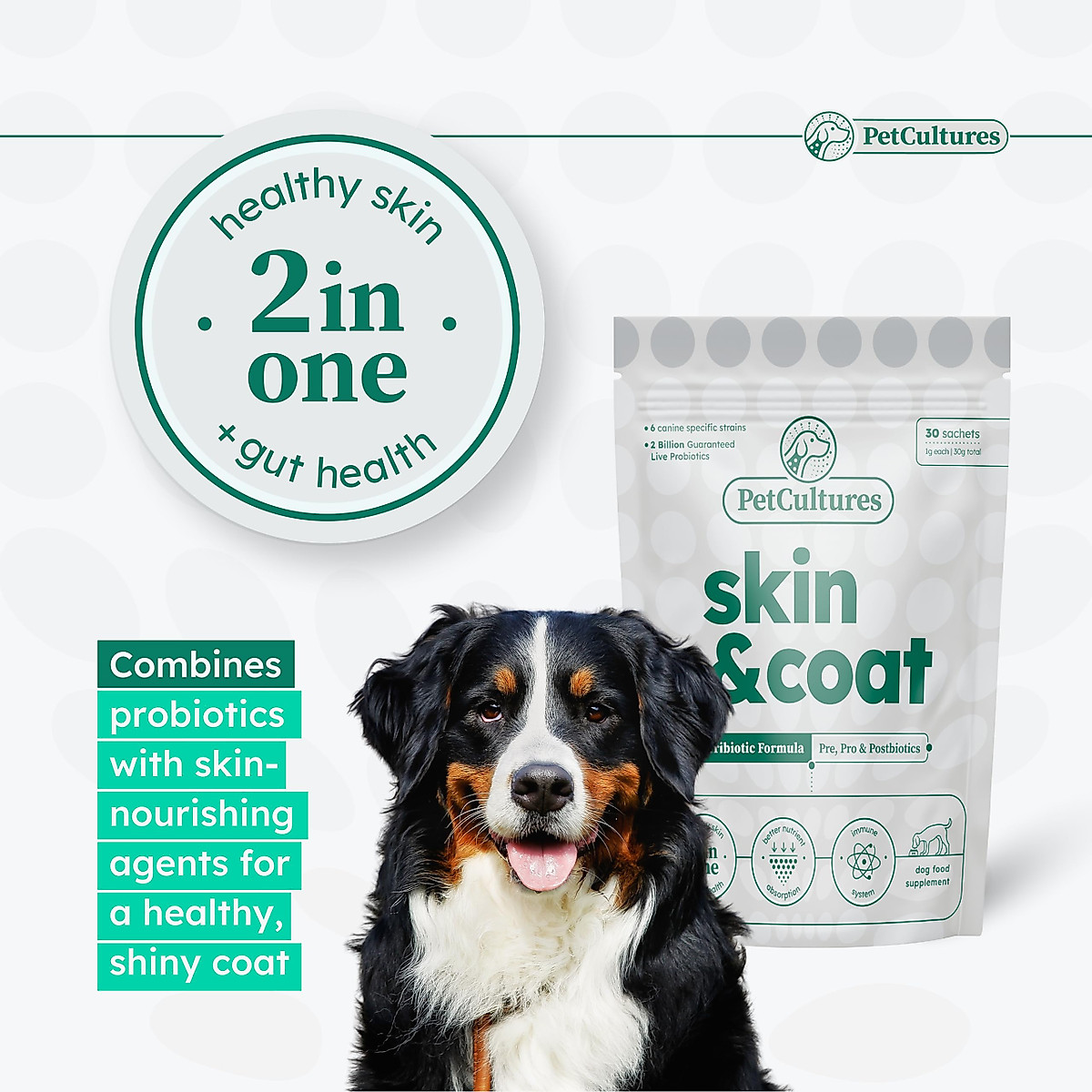 Skin and Coat with Dog Probiotic Powder, Made in USA, Omega 6 & 3, Probiotics for Dogs, 30 Pks, Vitamin B12 & E, Biotin 450mcg, Dog Probiotics for Digestive Health, Skin & Coat Support