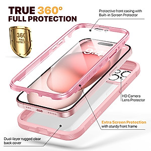 Diaclara Designed for iPhone 15 Plus Case 6.7 Inch,Full Body Rugged Case with Built-in Touch Sensitive Anti-Scratch Screen Protector+9H Tempered Glass Camera Lens Protector, Coral Pink
