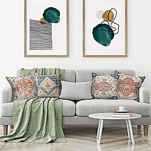 LHAIFA Boho Pillow Covers Carpet Pattern Decorative Pillow Covers Orange Blue Teal Retro Rust Floral Throw Pillow Covers 18X18 in Set of 4 Linen Decorative Pillow Covers for Couch Living Room Sofa