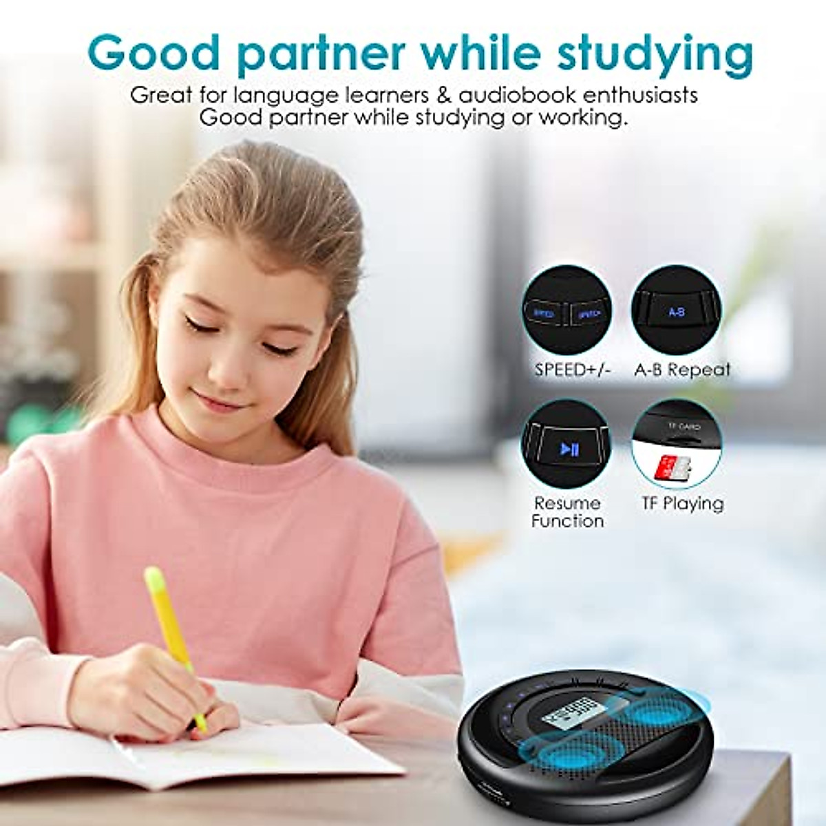 CD Player Portable KOVCDVI Portable CD Player for Car with Dual Stereo Speakers Walkman CD Player with Headphones & AUX Cable Rechargeable CD Player for Car with Anti-Skip Protection Support TF Play