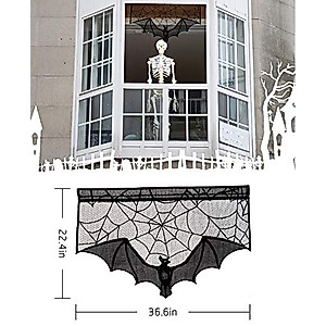 ANPHSIN Halloween Black Lace Spiderweb- 2 Pcs Bat Curtain Window Valance Cobweb Tablecloth Shower Curtains Fireplace Mantles Scarf Cover for Home Door Kitchen Bathroom Festive Party Decorations
