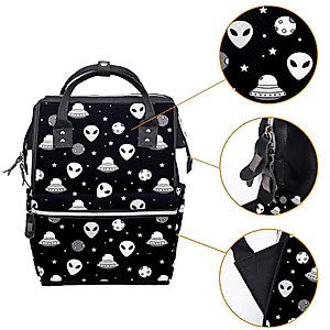 Space Themed Alien Face and Ships Diaper Tote Bags Mummy Backpack Large Capacity Nappy Bag Nursing Traveling Bag for Baby Care