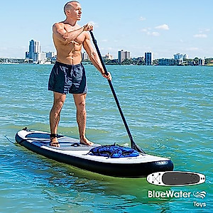 Blue Water Toys Portable Inflatable Stand Up Paddle Board Kit with Pump, Backpack, Coil Leash, and Repair Kit, SUP 350 Pound Limit, 11 Feet by 34 Inches