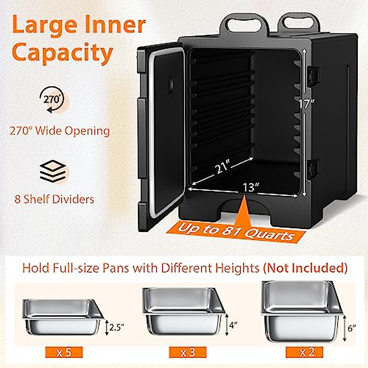 COSTWAY End-Loading Insulated Food Pan Carrier, for 5 Full-Size Pan, 81 Quart Capacity, Food-grade LLDPE Material, Portable Food Warmer with Fastener, Ideal for Canteen and Restaurant Use