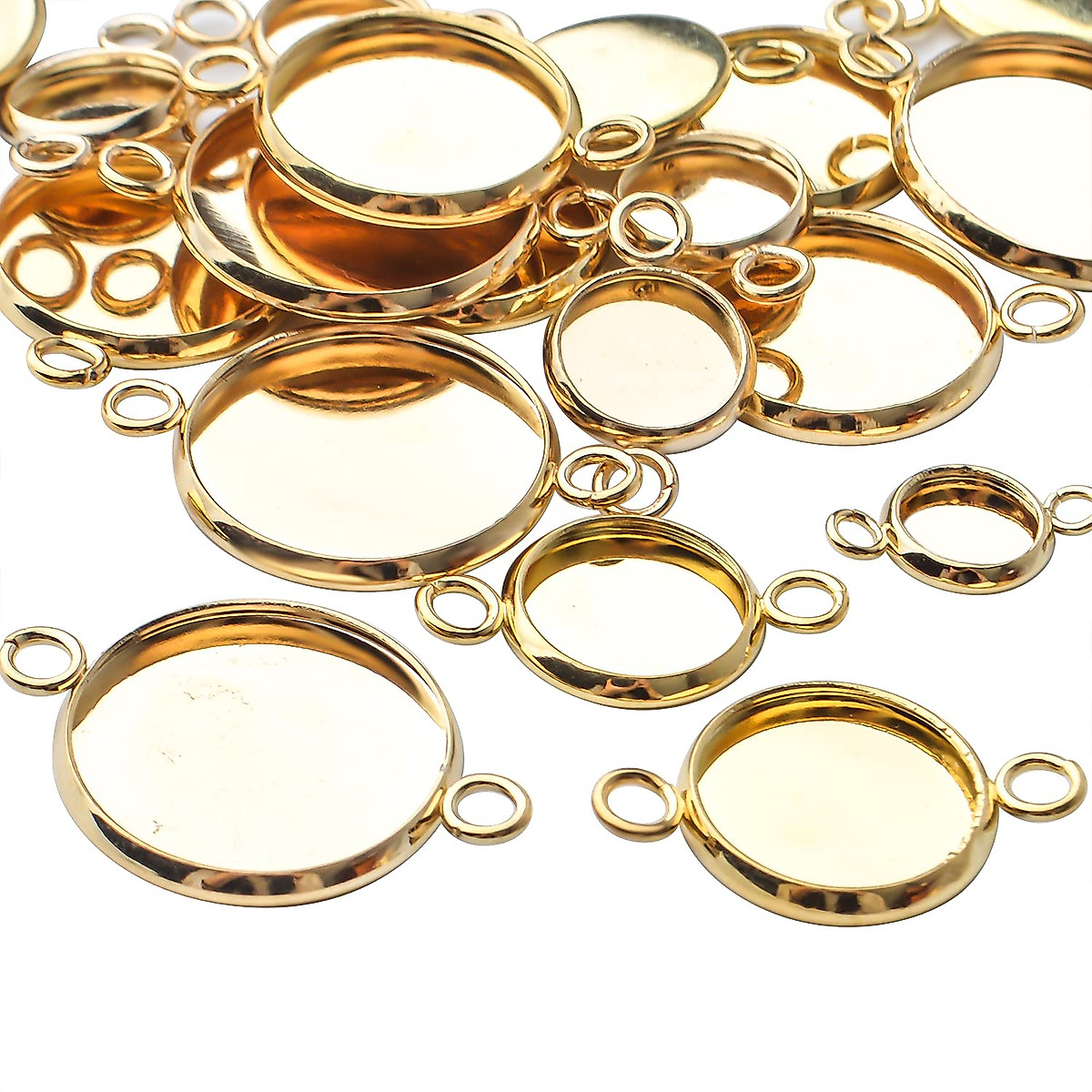 24pcs Gold Stainless Steel Cabochon Connectors Settings Round Blank Bezel Pendant Connector Trays Cabochon Pendant Bezel Blanks Links for DIY Jewelry Making,6 Sizes