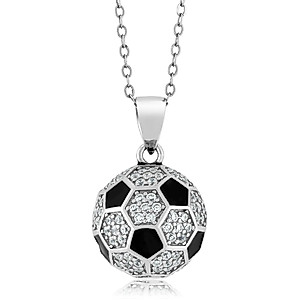 Gem Stone King 925 Sterling Silver Soccer Ball Pendant Necklace with Shimmering White Zirconia Stones | 1.30 Cttw | 1/2 Inch | A Stunning Gift for Soccer Fans and Athletes! | With 18 Inch Silver Chain