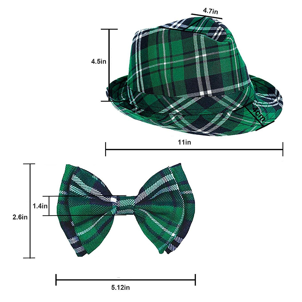 ANIUHL St. Patrick's Day Plaid Fabric Fedora Hat and Bow Tie Set, Green Irish Cap Party Cosplay Costumes Accessory for Women Men