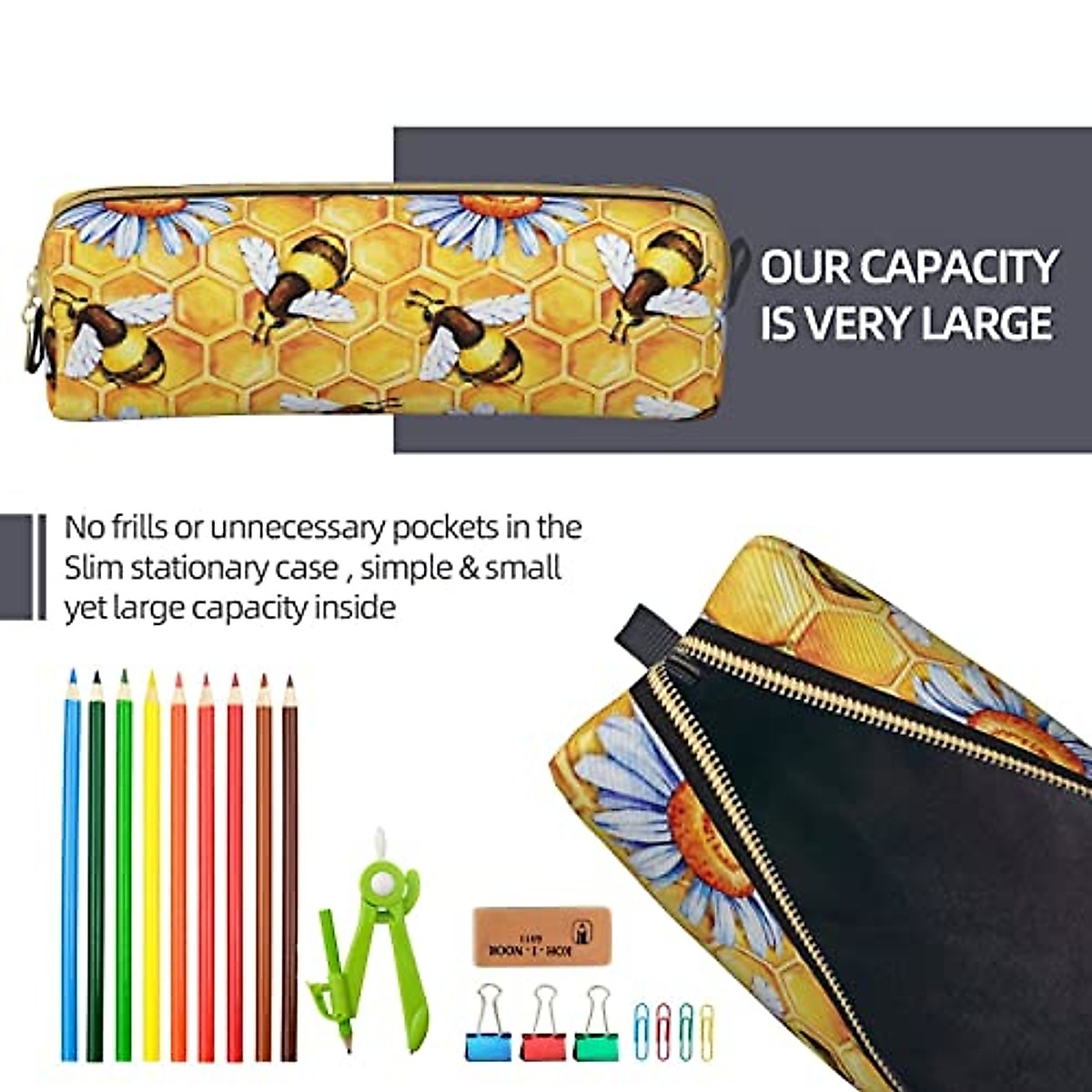 IMPCOKRU Small Pencil Bag Study Pencil Bag Key Pouch,Honeybee and Golden Hive,Stationery Storage Pencil Case for School Office Travel