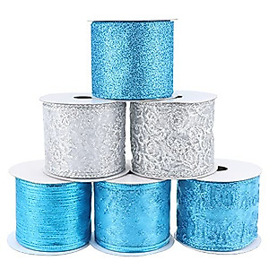 DINDOSAL Turquoise Blue Christmas Ribbon Wired 2.5" Blue and Silver Christmas Tree Ribbon Garland Glitter Christmas Ribbon for Tree, Gift Wrapping, Bows 6 Rolls 36 Yards