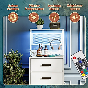 EKNKOZY Nightstand 5 Drawer Dresser with LED Lights, Charging Station, Metal Mesh Shelf with Hooks, Vertical Side Table with Fabric Drawers, End Table, Tall Dresser for Bedroom, Entryway, White