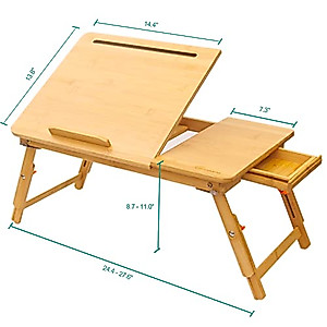 Laptop Lap Desk, COIWAI Laptop Desk for Bed, Bamboo Adjustable Angle and Height, Foldable Table Stand with Tablet Phone Slot, Drawer, Portable Tray for Kids Netebook Breakfast Work Study Reading