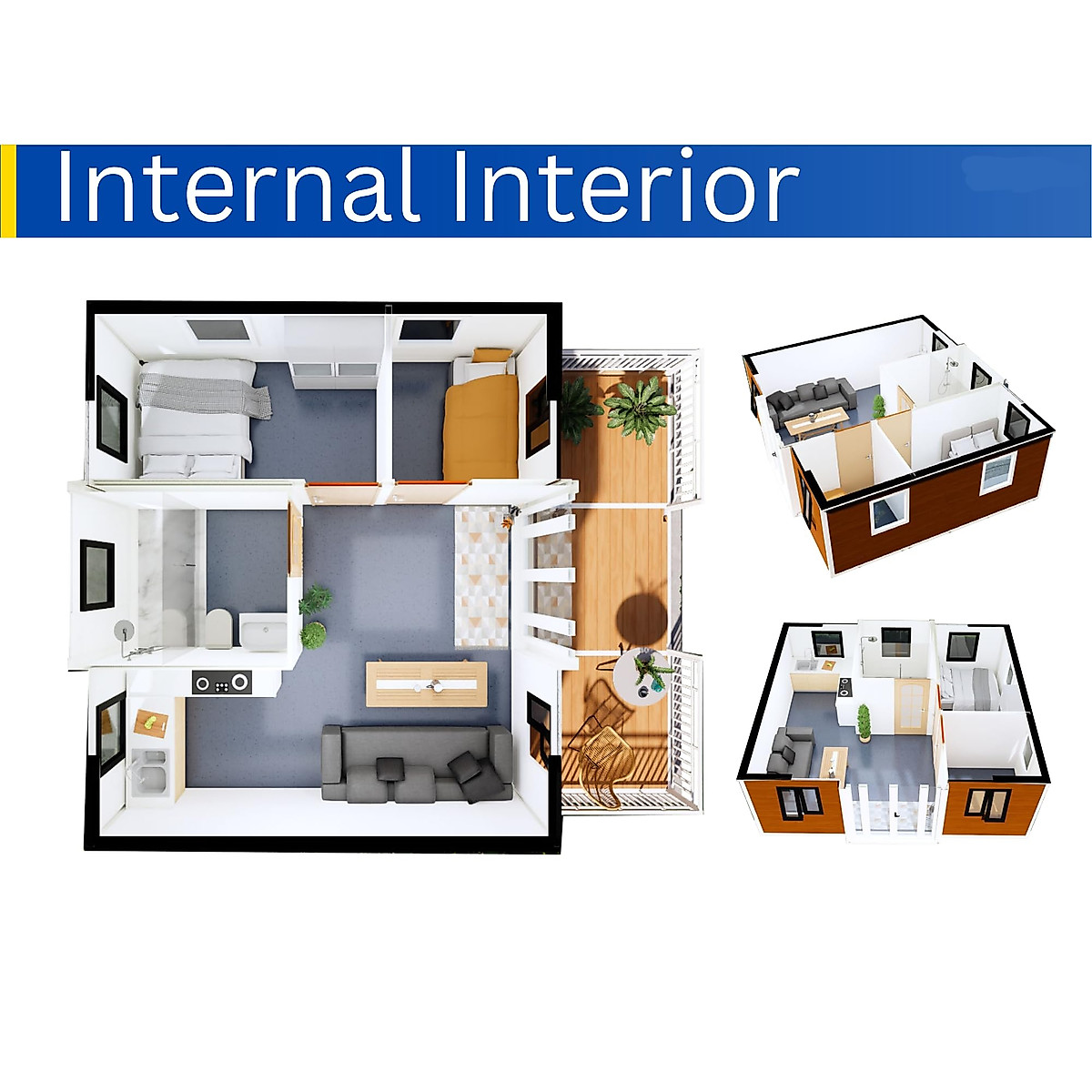 20ft Portable Container Prefab Mobile House with 2 bedrooms, 1 Bath, Kitchen, Windows and Doors (Customizable) for Outdoor Use, Adult Living and Storage with Steel Frame.