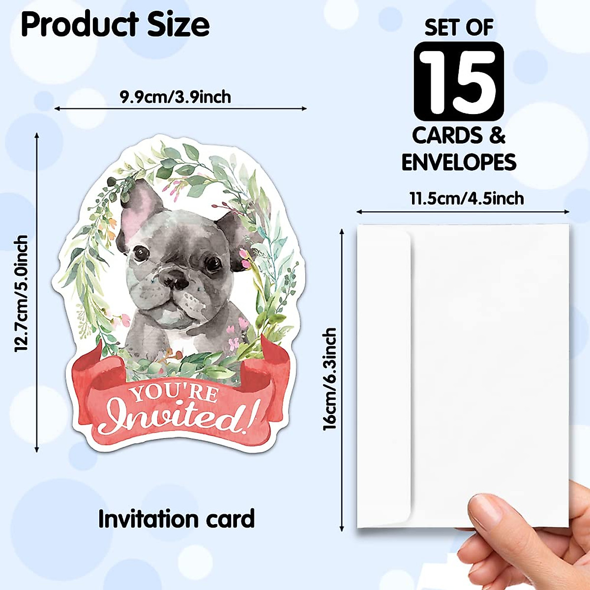 RZHV 15 Pack French Bulldog & Floral Shaped Fill-In Invitations Cards With Envelopes for Boys Girls Adults Dog Lover, Funny Baby Shower Birthday Bridal Shower, Wedding Party Invite