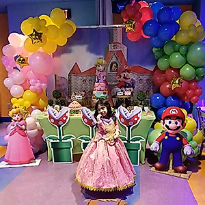 131Pcs Mario Princess Peach Decorations Peach Balloon Garland Arch Kit Include Princess Peach Balloons,Star Mario Foil Balloons for Girls Princess Peach Themed Birthday Party Decoration Supplies