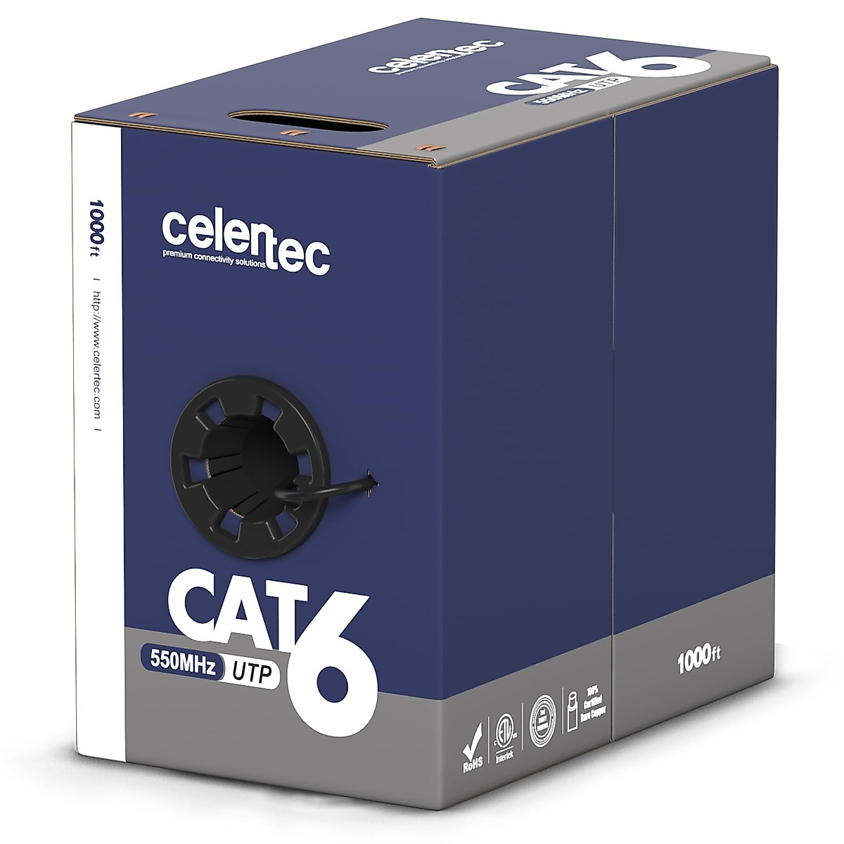 celertec CAT6 Ethernet Cable, 1000ft, 23AWG Solid Bare Copper, Unshielded Twisted Pairs(UTP), 550MHz, ETL Listed &CMR Riser Rated, Indoor, Bulk Ethernet Cable, Pull Box -Black