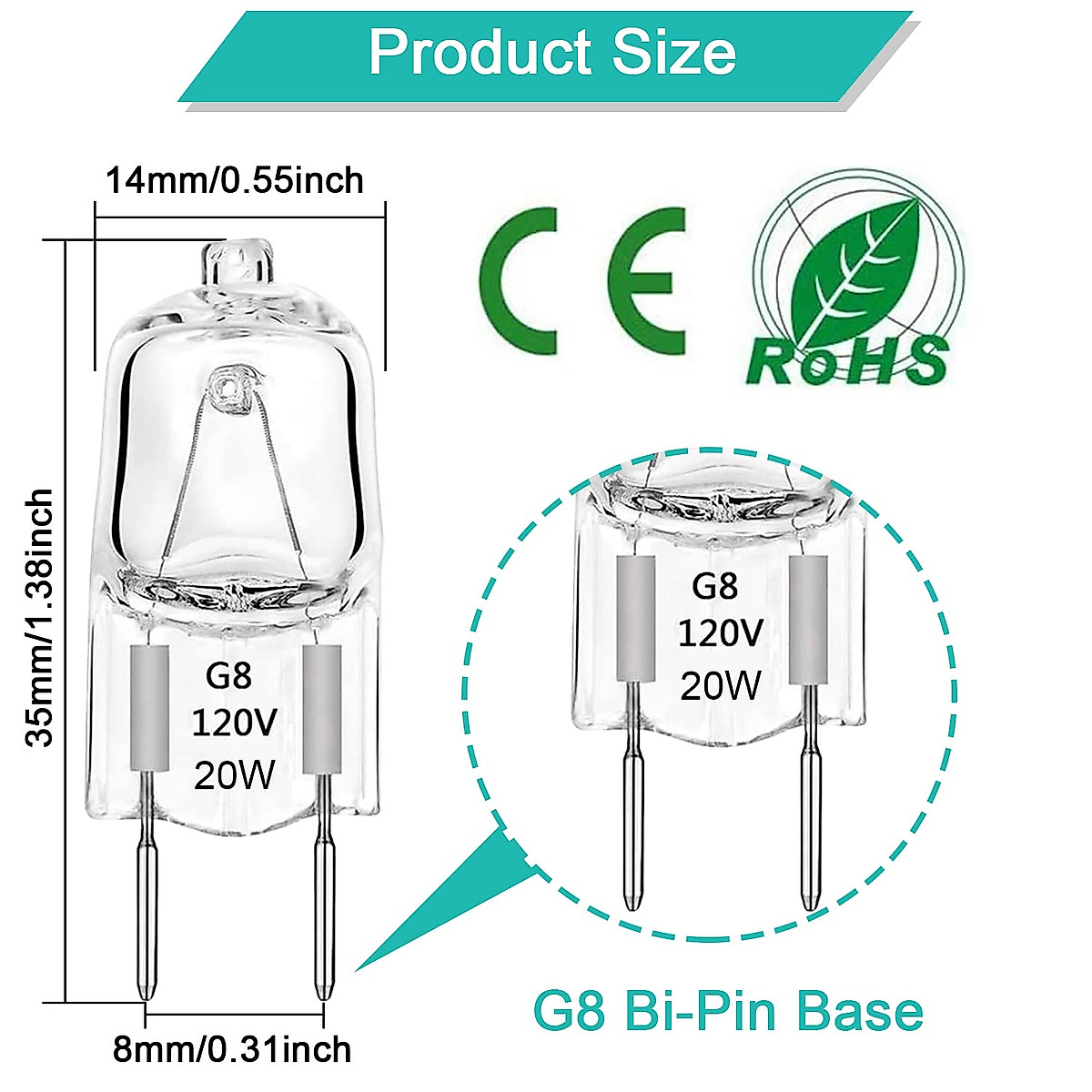 TAIYALOO G8 Halogen Light Bulbs 20W Dimmable 120V G8 Base 2Pin Xenon Bulb (12 Pack) T4 JCD Type Warm White Under Cabinet Puck Lighting Replacements