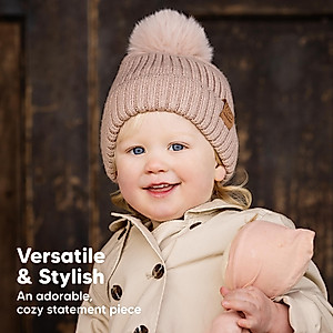 2-Pack Baby Hats for Girls, Boys - Stretchy Baby Beanies, Cute Newborn & Toddler Winter Hat, Soft & Warm Pom Pom Beanie for Infant, Toddler, Boys, Girls 6-36 Months (Fawn, M)