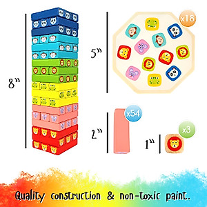 LMC Products Stacking Tower Game - Dice & Stacking Cards Animal Edition - Mini Colorful Blocks - Multiple Ways to Play Family Game Night - Games for Kids and Adults