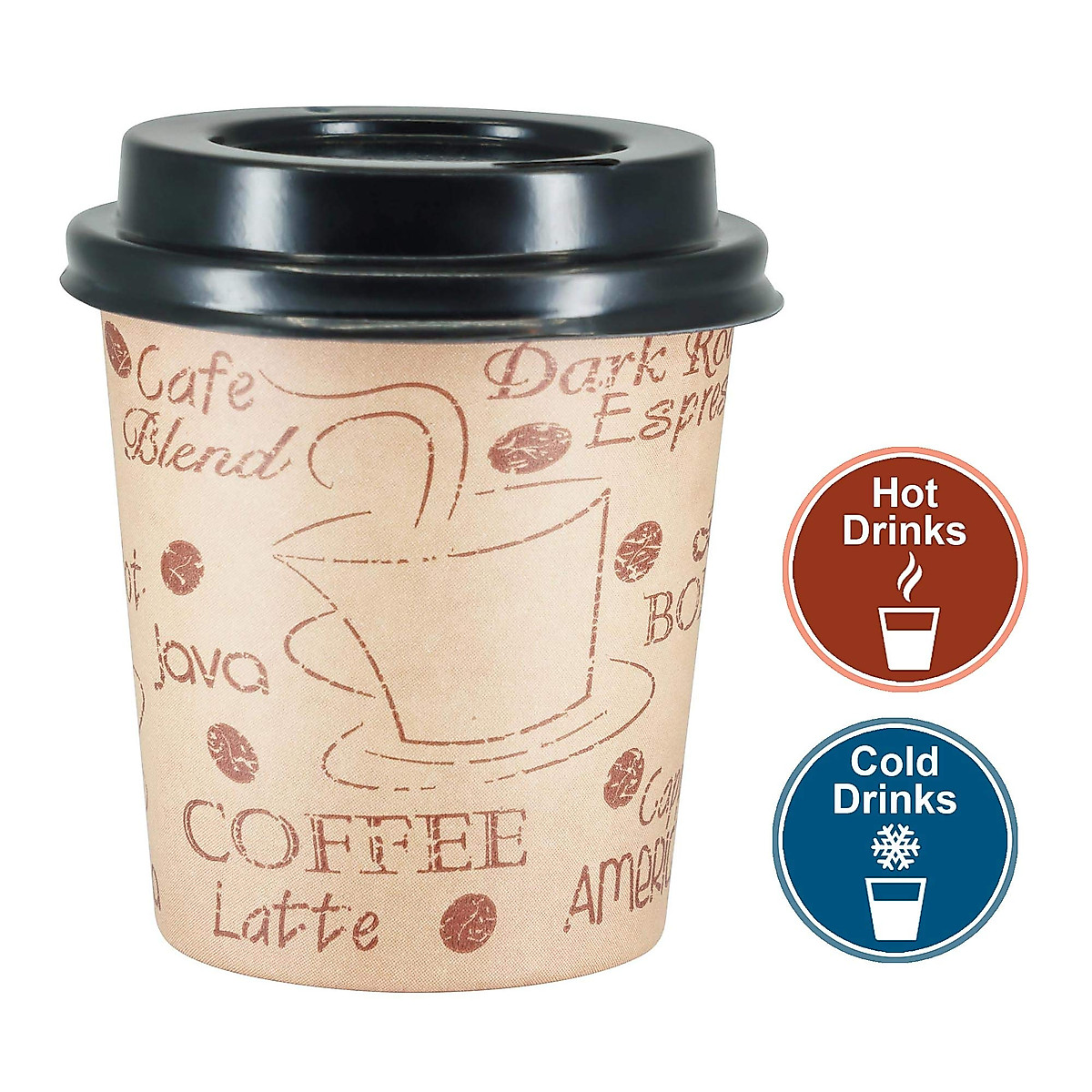 ECODESIGN-US 4 Ounce Disposable Espresso Paper Cups with Black Lids - 50 Sets - Print - Small Portion Sample Shots (50, print)