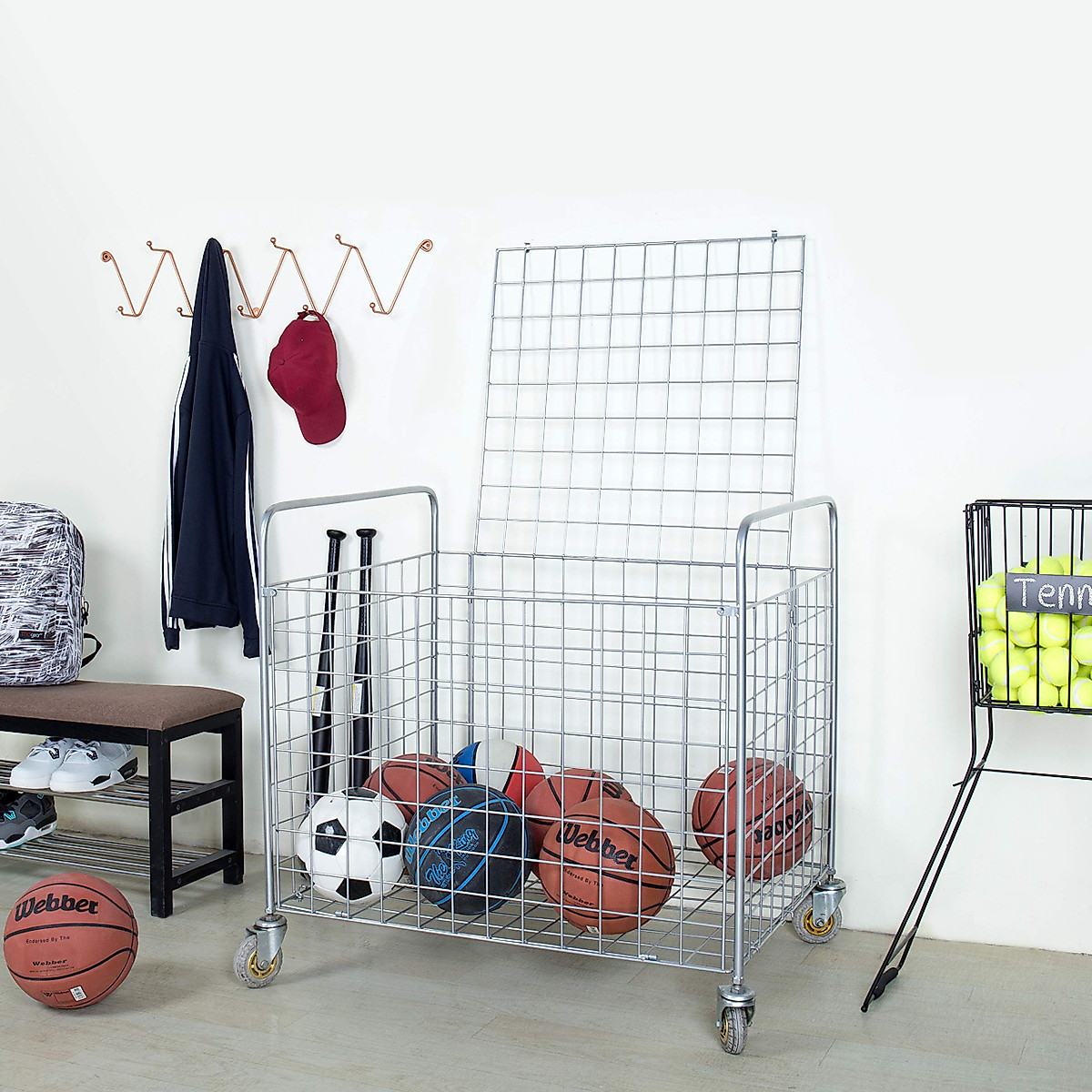 MyGift Professional Gym Chrome Silver Metal Multi Sports Ball Storage Cart with Jumbo Industrial Wheels, Commercial Grade Portable Equipment Locker Cage for Basketball, Football, Soccer, Volleyball