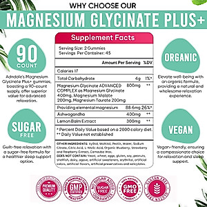 90 CT Magnesium Glycinate Gummies 400 mg/Serv - with Ashwagandha, Magnesium Malate & Taurate - Sugar Free Chews for Adults & Kids Relaxation, Stress Relief, Night Rest, Muscle & Cardio Support