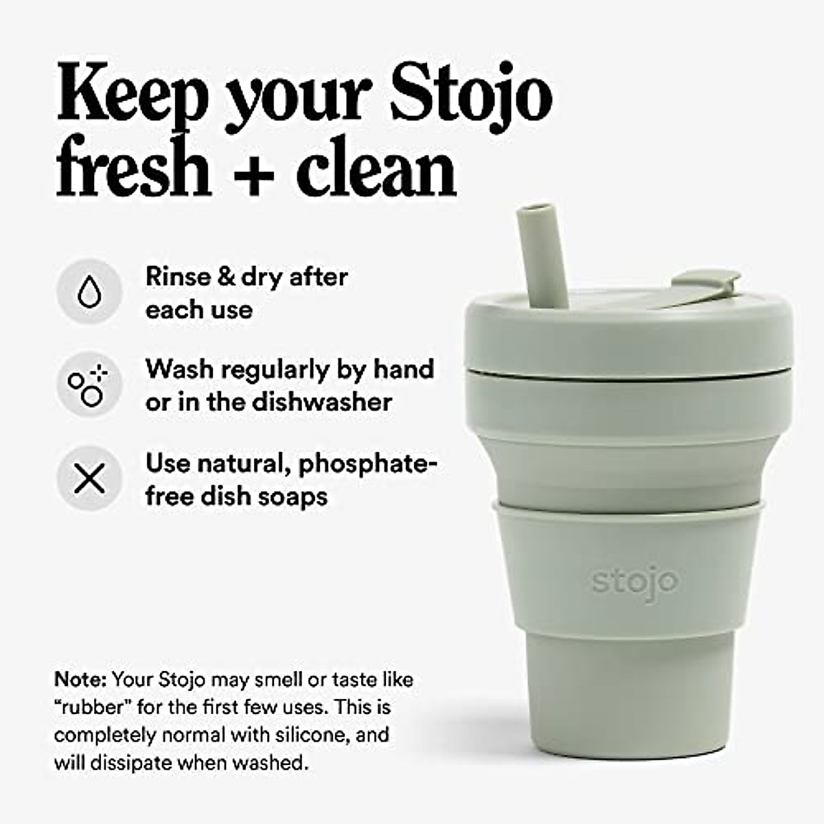 STOJO Collapsible Travel Cup With Straw - Sage Green, 16oz / 470ml - Reusable To-Go Pocket Size Silicone Bottle for Hot and Cold Drinks - Perfect for Camping and Hiking - Microwave & Dishwasher Safe