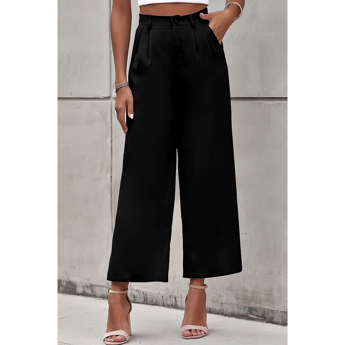PRETTYGARDEN Women's Casual Summer Work Pants High Waisted Palazzo Pant Flowy Wide Leg Trousers with Pockets (Black,Medium)