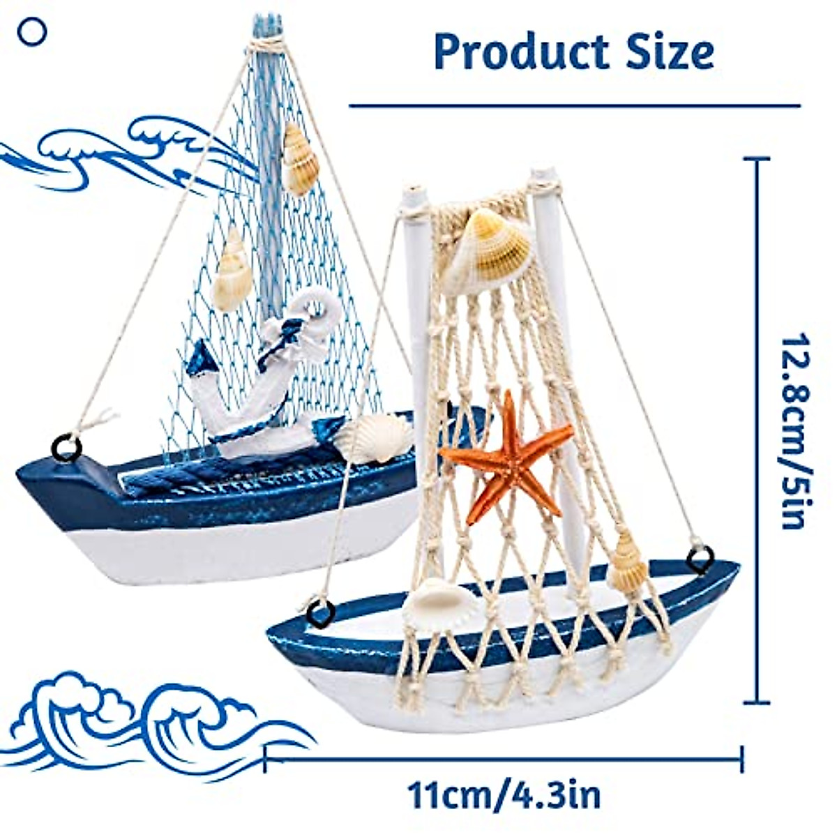 BLLREMIPSUR 2 PCS Mini Sailboat Decor, Wooden Miniature Sailing Boat Model, Nautical Theme Decoration for Bathroom, Baby Shower, Party, Kids Nursery