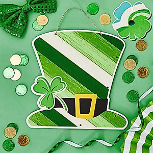 Bucherry 2 Pcs St Patricks Day Lighted Wooden Door Decorations 12" Hat Shamrock Irish Hanging Welcome Door Sign, 2 Pcs 3 ft 10 LED Fairy Lights Green Battery Operated Lights St Patricks Day Home Decor
