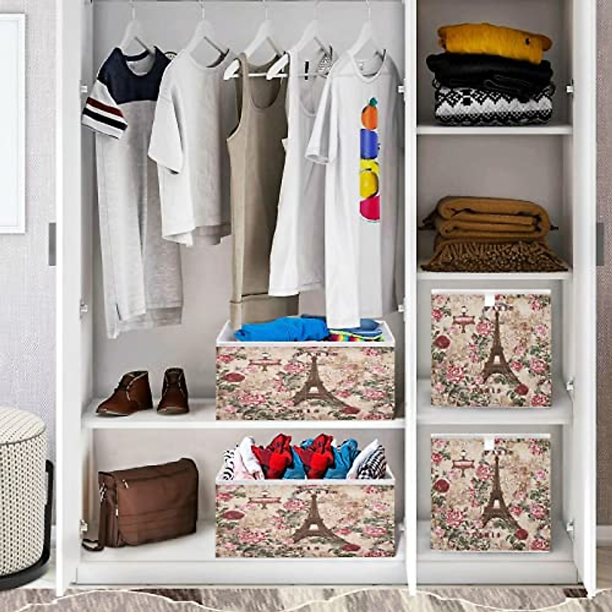 visesunny Closet Baskets Vintage Design Paris Eiffel-tower Rose Storage Bins Fabric Baskets for Organizing Shelves Foldable Storage Cube Bins for Clothes, Toys, Baby Toiletry, Office Supply
