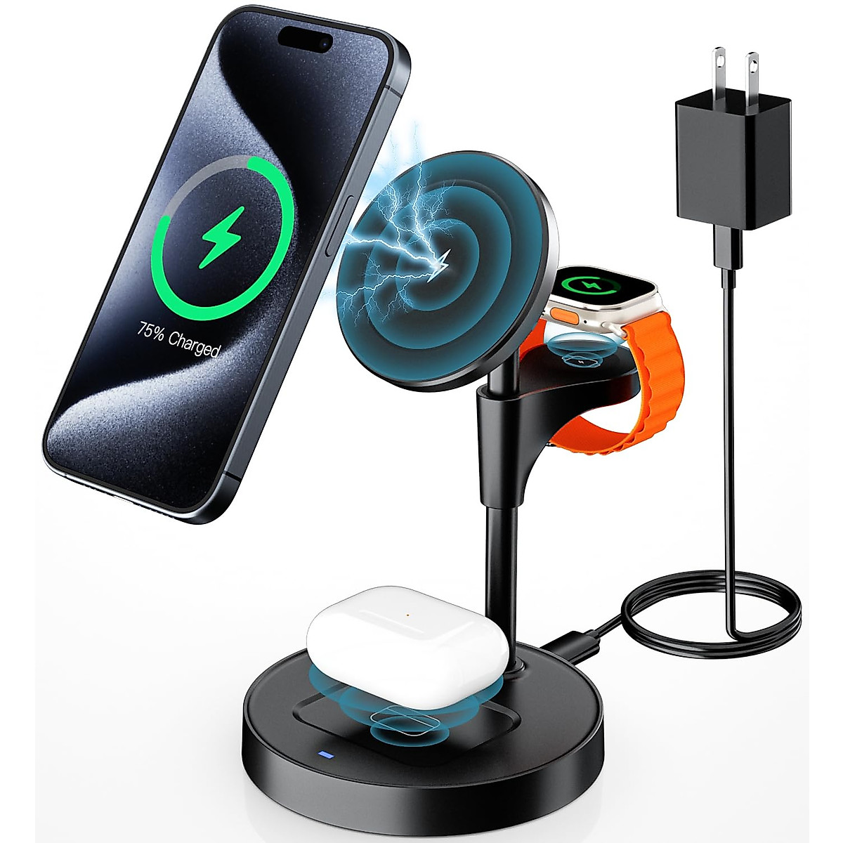 KPON 3 in 1 Charging Station for Apple Magsafe, 15W Fast Magnetic Wireless Charger Stand, Multiple Devices for iPhone 15 14 13 12 /Apple Watch/AirPods (with PD 20W Adapter)