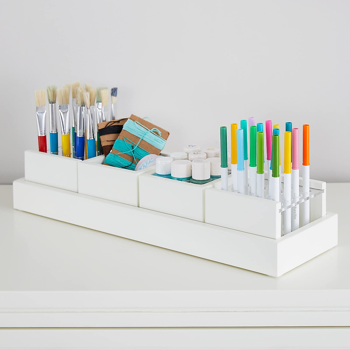 MARTHA STEWART Crafting Kids' Accessory Tray - Creamy White: Wooden Paintbrush Storage with 4 Compartments, Crayon Marker and Pencil Organizer for Desk