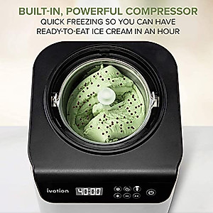 Ivation Automatic Ice Cream Maker Machine, No Pre-freezing Necessary with Built-in Compressor, Stainless Steel Gelato Maker, LCD Screen, Digital Timer, Removable Bowl, Clear Lid