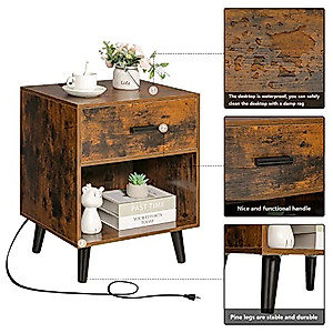 Quimoo Nightstand Set of 2 with Charging Station. Bedside Table with 1 Drawer and 1 Open Storage Space for Bedroom, Rustic Brown