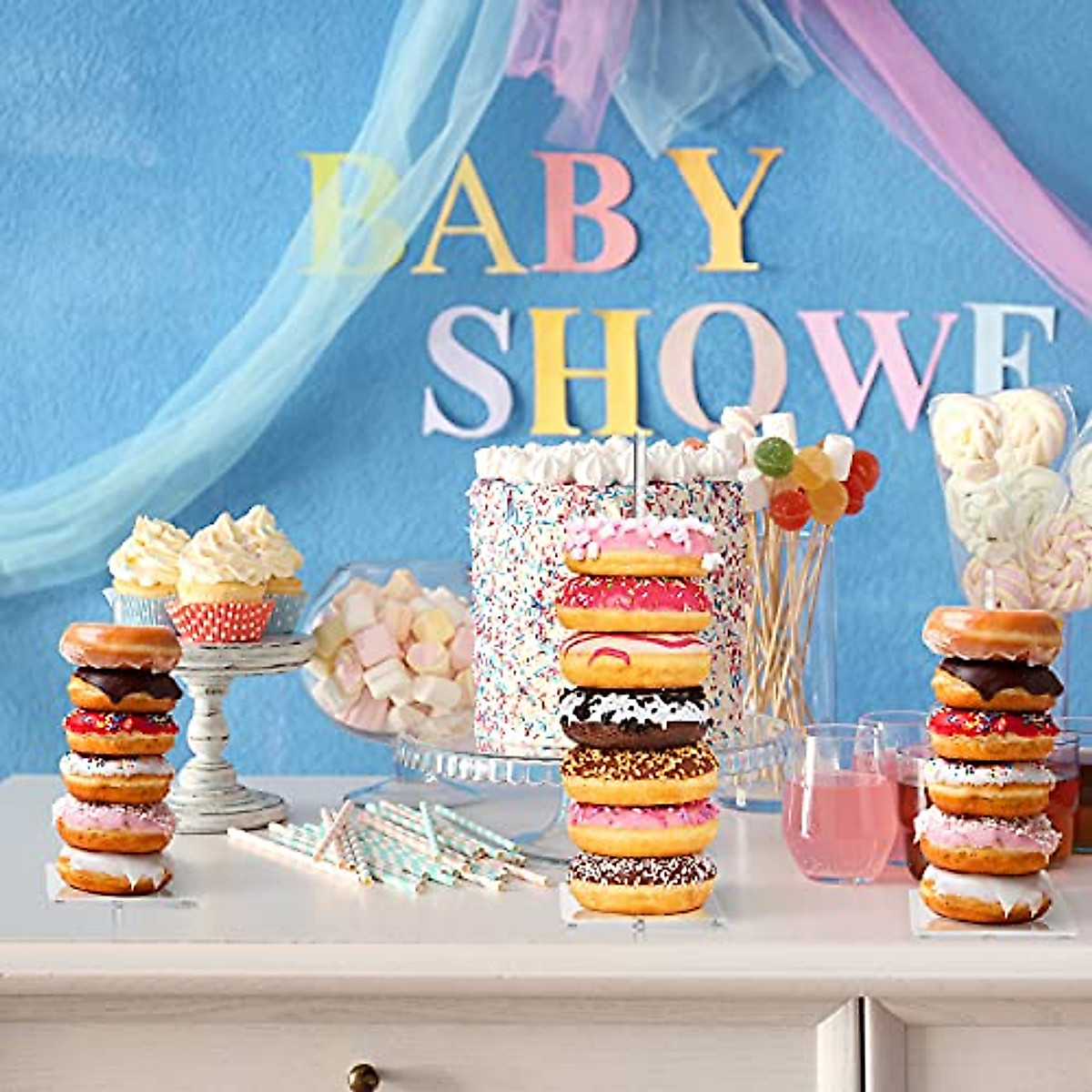 8 Pieces Acrylic Donut Stand Display Acrylic Doughnut Dessert Stand Table Clear Donut Bagel Display Clear Stand Holder Dessert Stand Table for Wedding Birthday Party, 10 inch and 15 inch