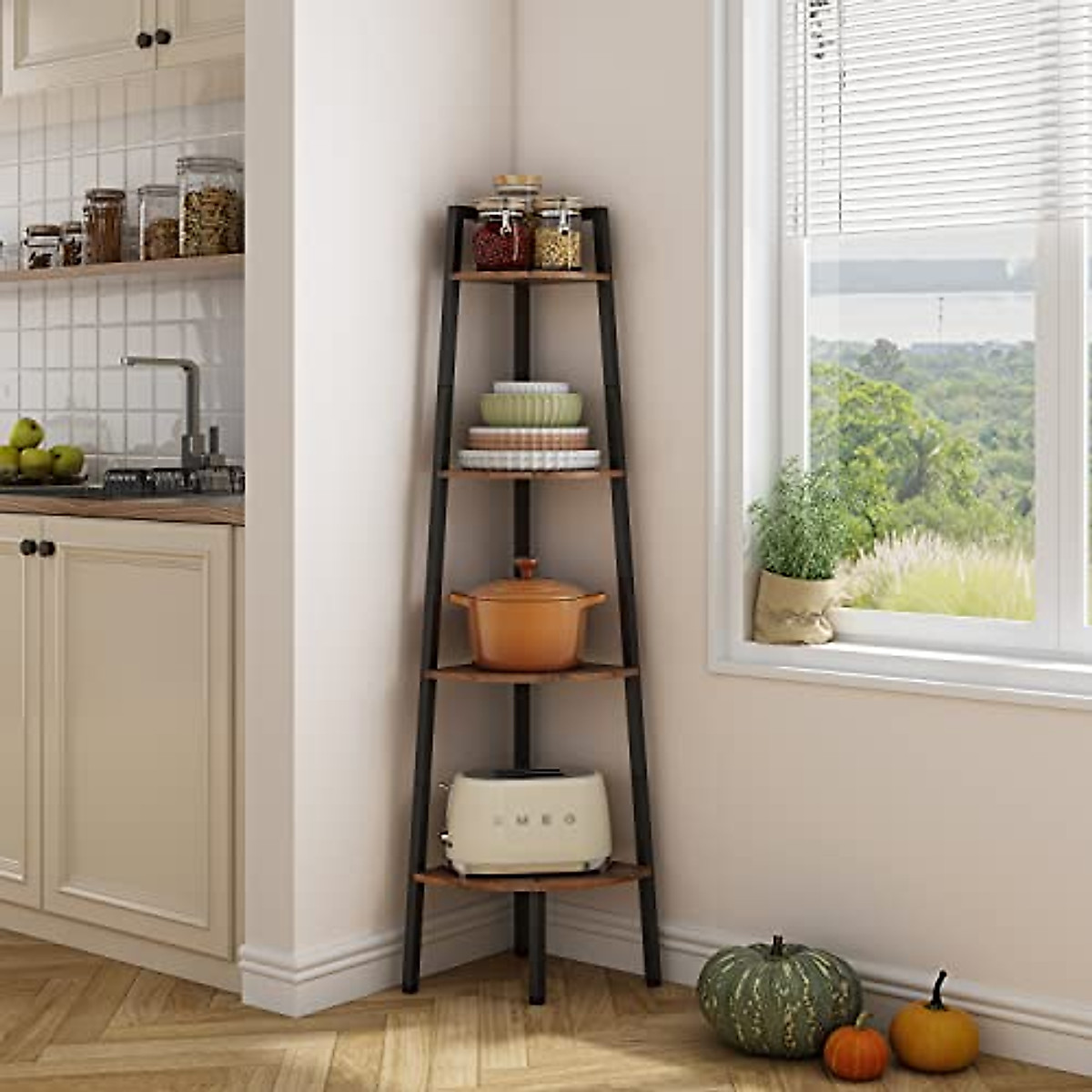 Hoctieon Corner Shelf, 4-Tier Corner Bookshelf, Rustic Corner Ladder Shelf, Industrial Display Shelf for Living Room, Kitchen, Home Office, Balcony, Small Space, Metal Frame, Rustic Brown