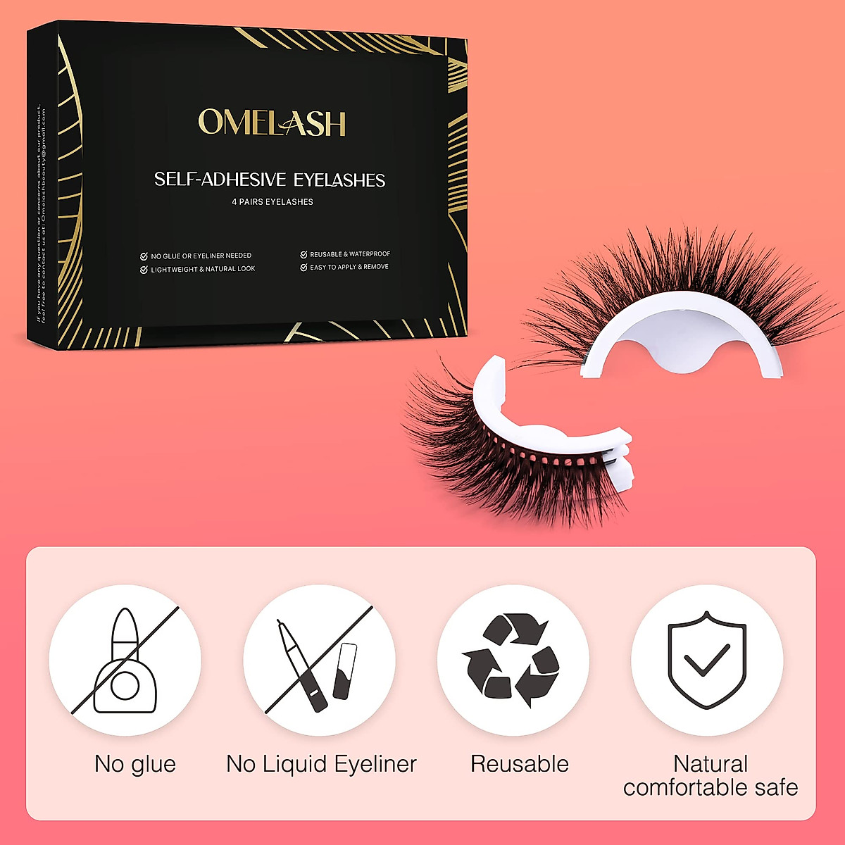 OMELASH Reusable Self Adhesive Eyelashes, Four Styles Waterproof False Eyelashes, No Glue False Eyelashes, Self Adhesive Eyelashes Reusable Self Sticking, False Eyelashes Natural Look(4 Pairs)