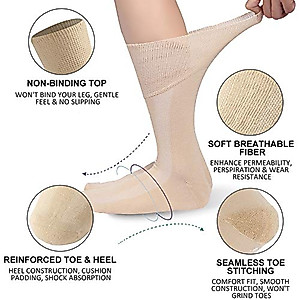 KitNSox Diabetic Socks Extra Wide Calf Women Men Elderly Soft Stretchy Breathable Crew Cushion Loose Top Dress No-Binding Socks 6 Pairs Beige L