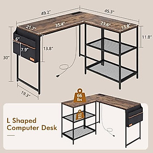VECELO L Shaped Computer Desk 49 Inch Writing Study Corner Gaming Table with Storage Shelves and Side Bag, for Home Office Workstation