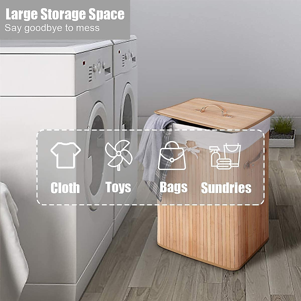 Byroce Bamboo Laundry Basket, Collapsible Laundry Hamper with Lid, Removable Liner & Handles, Dirty Clothes Toys Storage Bin for Laundry Room, Bedroom, Bathroom (Beige)