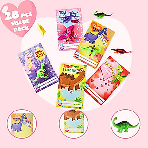JOYIN 28 Pack Valentines Day Card with Dinosaur Figure Toys for Valentine Kids Party Favor, Classroom Exchange Prizes, Valentine’s Greeting Cards