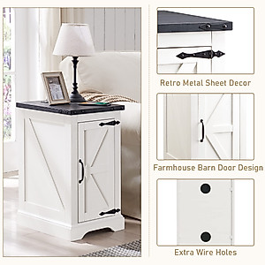 JXQTLINGMU Nightstand with Charging Station, Rectangular Farmhouse End Table with Barn Door and Adjustable Storage Shelf, 17" Deep Wood Rustic Sofa Side Table for Living Room, Bedroom, White