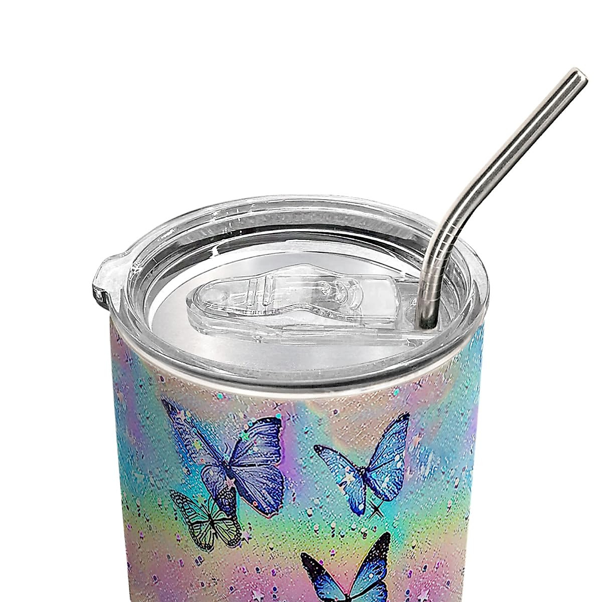 20oz Colorful Tie Dye Butterfly Tumbler, Gifts for Butterfly Lovers, Coffee Thermos for Women, Stainless Steel Double Wall Vacuum Insulated Coffee Mug, Travel Cup with Lid
