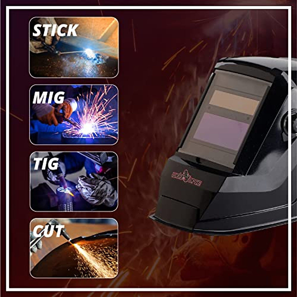 Weldforce Welding Helmet with 3.62-Inch x 1.65-Inch Viewing Area, Features Two Arc Sensors for Variable Shade Auto Darkening, Compatible with TIG, MIG, MMA Welding, Black