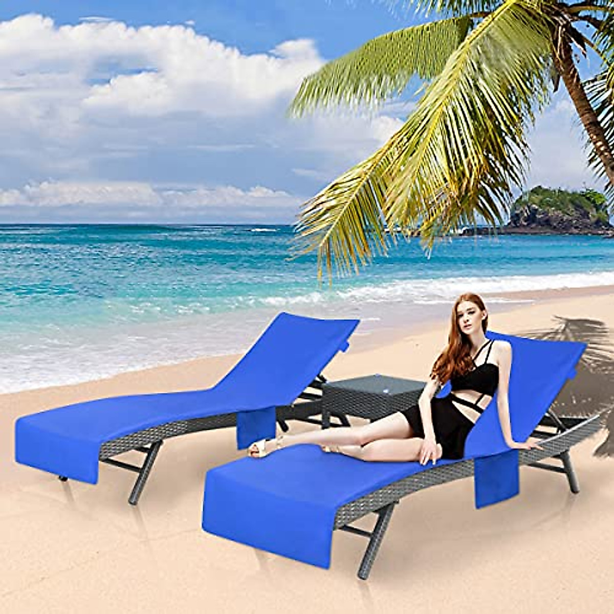 Microfiber Blue Beach Chair Towel with Side Pockets, Chaise Lounge Chair Towel Cover for Sun Lounger Pool Sunbathing Garden Beach Hotel, Oversized, Tie-Dye Blue, 85" L x 30" W